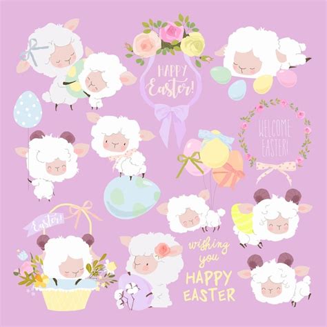 Premium Vector Easter Set With Cute White Sheeps And Easter Eggs