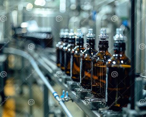 a closeup of an automated bottling line in a beverage factory