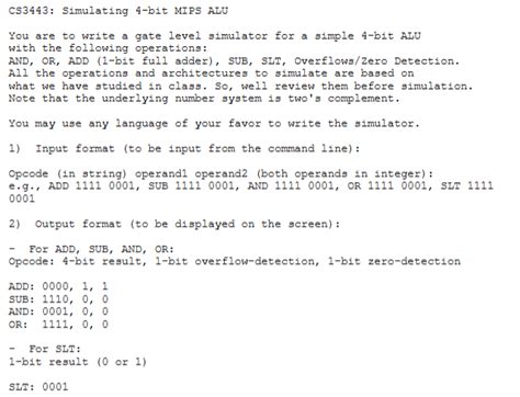 Solved Cs3443 Simulating 4 Bit Mips Alu You Are To Write A