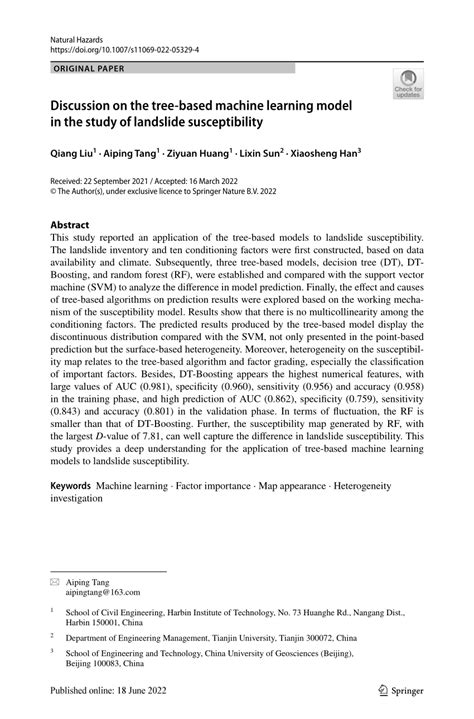 PDF Discussion On The Tree Based Machine Learning Model In The Study Of Landslide Susceptibility