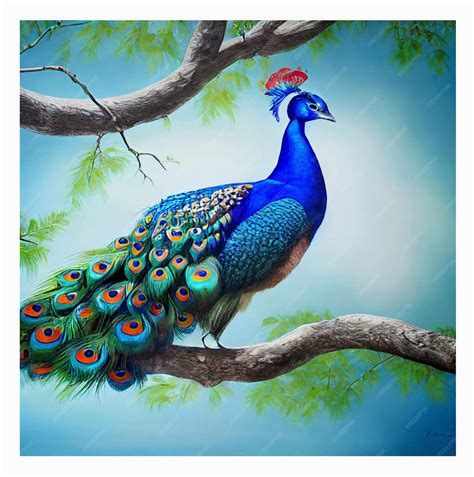 Premium Photo Drawing Colorful Peacocks In Tree Branches At Landscape