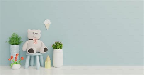 파란 벽 배경에 있는 어린이 방에 있는 테디베어3d 렌더링 사진 Unsplash의 태국 이미지