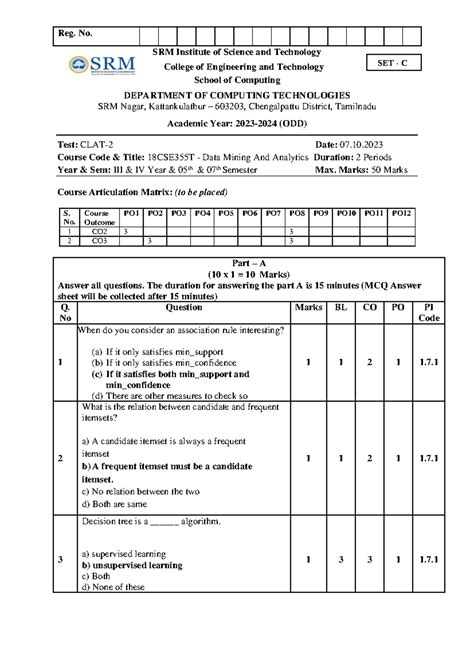 Dma Clat2 Qp Set C Answer Key Reg No Srm Institute Of Science And Technology College Of