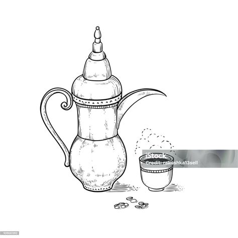 아랍어 빈티지 화덕 고 뜨거운 음료와 맛된 증기 커피 콩 컵 벡터 스케치 그리기 조각 스타일입니다 에티오피아 커피 식의 흑백 그림 항목 0명에 대한 스톡 벡터 아트 및 기타