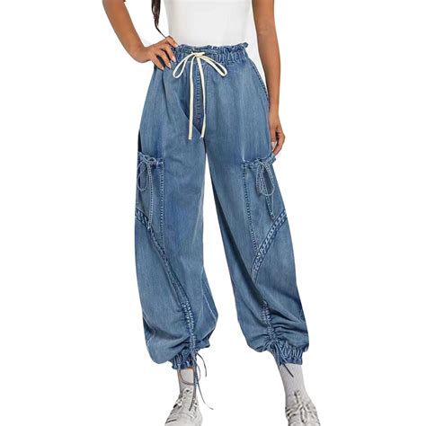 Realikun Women Baggy Barrel Jeans High Waisted Drawstring Bow Tie Cargo
