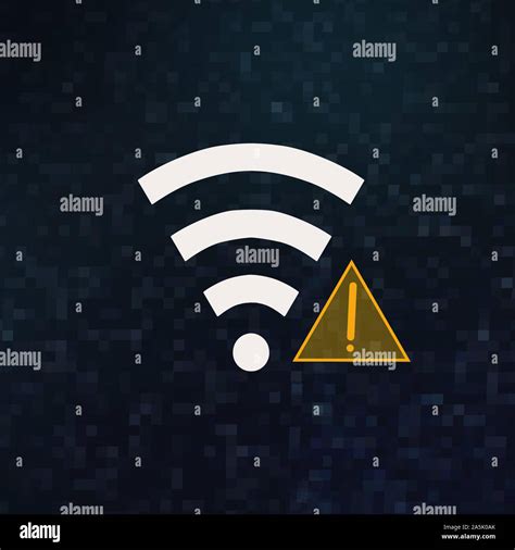 Wifi Signal Icon And Exclamation Mark On Dark Pixel Background Stock