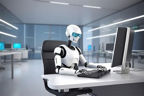 Premium Photo Robot Using Laptop In Office Cubicle 3d Rendering Stock Illustration