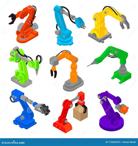 Robot Arm Isometric Vector Robotic Machine Technology Illustration Industrial Set Of Engineering