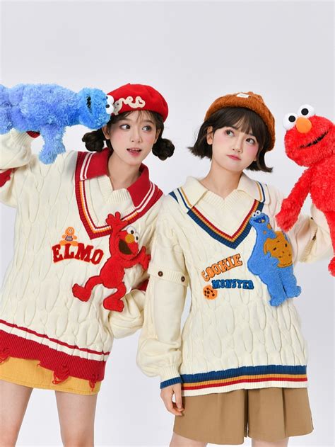 Sesame Street Elmo Preppy Polo Collar Sweater White And Red