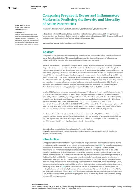 Pdf Comparing Prognostic Scores And Inflammatory Markers In