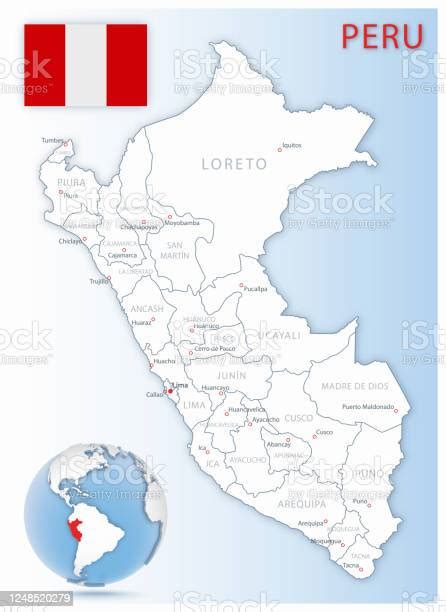 파란색 지구보에 국가 플래그와 위치와 상세한 페루 관리지도 0명에 대한 스톡 벡터 아트 및 기타 이미지 0명 3차원 형태 개체 그룹 Istock