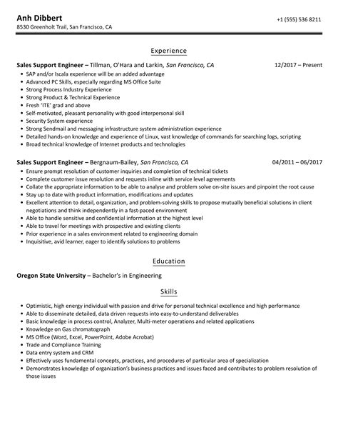 Sales Support Engineer Resume Samples Velvet Jobs