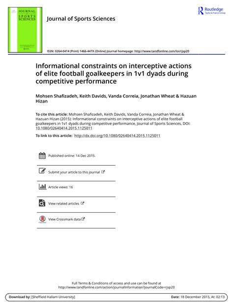 Pdf Informational Constraints On Interceptive Actions Of Elite Football Goalkeepers In 1v1