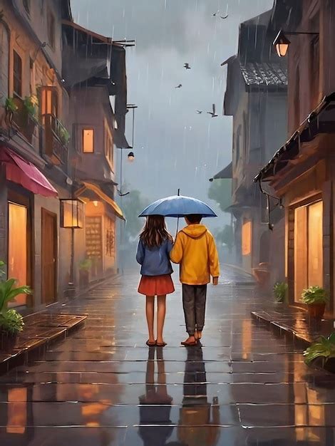 Premium Photo A Boy And A Girl Are Getting Wet In The Rain