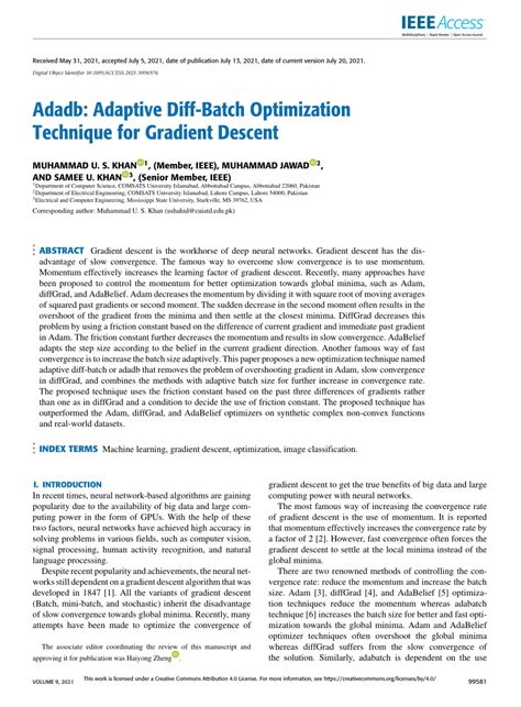 Pdf Adadb Adaptive Diff Batch Optimization Technique For Gradient Descent
