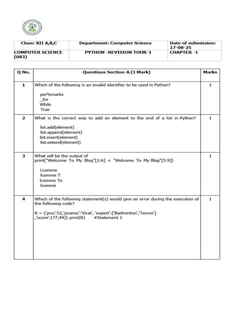Python Revision Worksheet For Class Xii Pdf Python Programming