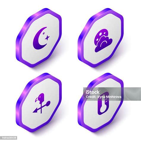 아이소메트릭 달과 별 달이 있는 구름 수탉 날씨 베인 및 온도계 아이콘을 설정합니다 보라색 육각형 버튼 벡터 3차원 형태에 대한 스톡 벡터 아트 및 기타 이미지 Istock