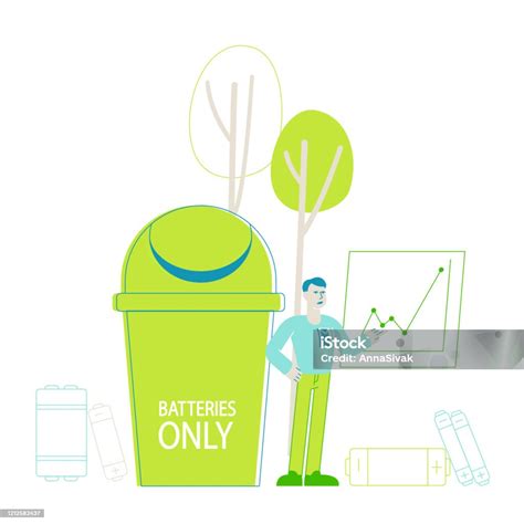 남자 캐릭터 사용 및 재활용 배터리 전자 폐기물의 통계 정보와 함께 성장 화살표 차트를 수행 합니다 데이터 그래프 쓰레기 분리