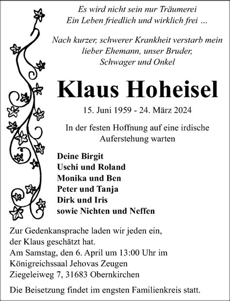 Traueranzeigen Von Klaus Hoheisel Trauer Anzeigende