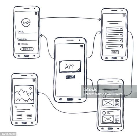 Ui 모바일 애플 리 케이 션 와이어 프레임 낙서 휴대폰 앱에 대한 스톡 벡터 아트 및 기타 이미지 휴대폰 앱 와이어 프레임 모델 웹사이트 와이어프레임 Istock