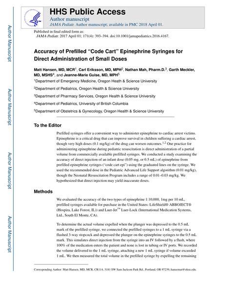 Pdf Accuracy Of Prefilled Code Cart Epinephrine Syringes For Direct