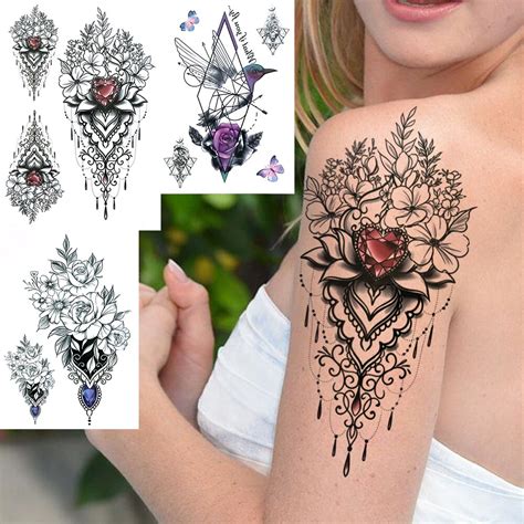 3d Hummingbird 꽃 여성을위한 임시 문신 성인 기하학 조류 나비 가짜 문신 스티커 로즈 블랙 팔 문신 레이스임시