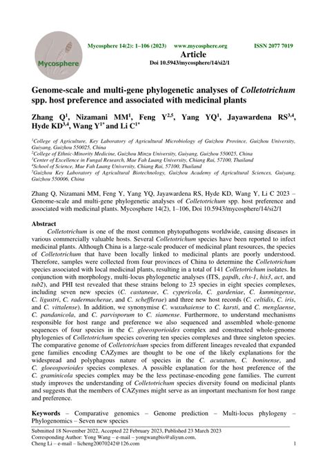 Pdf Genome Scale And Multi Gene Phylogenetic Analyses Of Colletotrichum Spp Host Preference