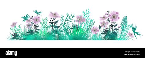 Grass With Pink Flowers Green Horizontal Grass Vector Illustration