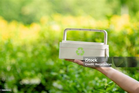 녹색 재활용 기호가있는 재사용 가능한 음식 상자를 들고있는 손 감소 재사용 제로 폐기물 개념 0명에 대한 스톡 사진 및 기타 이미지 Istock
