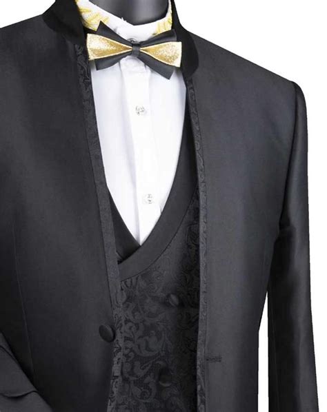 Bourbon Collection Slim Fit 3 Piece Banded Collar Shiny Sharkskin