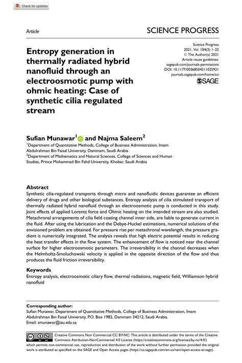 Pdf Entropy Generation In Thermally Radiated Hybrid Nanofluid Through An Electroosmotic Pump
