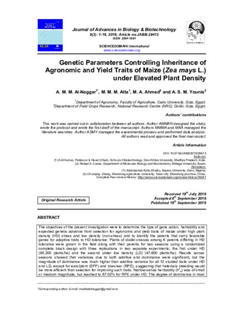 pdf genetic parameters controlling inheritance of agronomic and yield