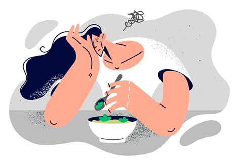 식욕 부진으로 고통받는 슬픈 여자 다이어트에 권장되는 맛없는 건강에 좋은 음식 손실에 대한 스톡 벡터 아트 및 기타 이미지 손실 거식증 배고픈 Istock