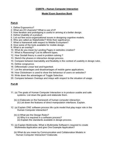 Cs8079 Hci Model Exam Qb Pdf Humancomputer Interaction Usability