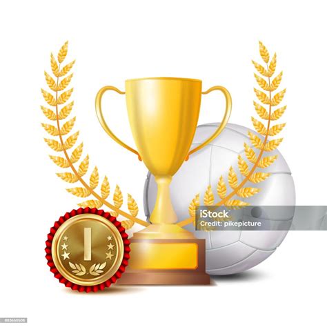 배구 공로상 수상 벡터입니다 스포츠 배너 배경입니다 흰 공 우승 컵 황금 1 위 메달 현실적인 격리 된 그림 1위에 대한 스톡 벡터 아트 및 기타 이미지 Istock