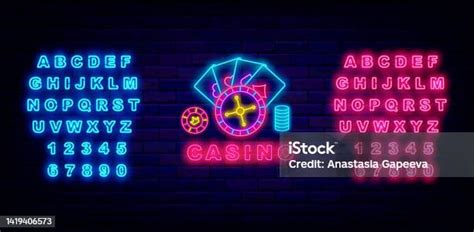 카지노 네온 로고 타입 반짝이는 파란색과 분홍색 알파벳 인터넷 도박 게임 벡터 스톡 일러스트레이션 빙고에 대한 스톡 벡터 아트
