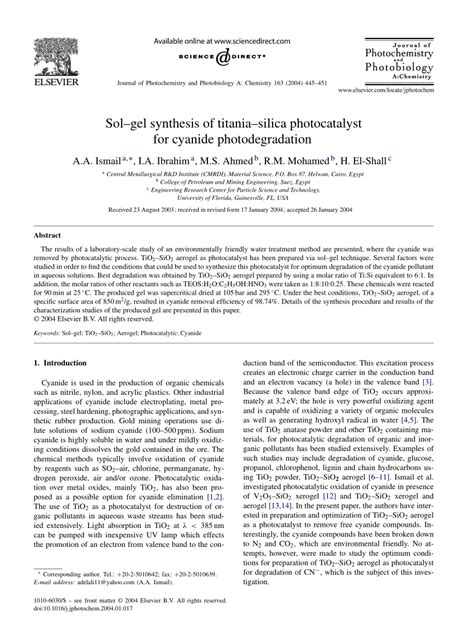 Pdf Sol Gel Synthesis Of Titania Silica Photocatalyst For Cyanide Photodegradation