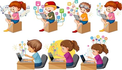 온라인 학습을 위해 노트북을 사용하는 만화 어린이 무료 벡터