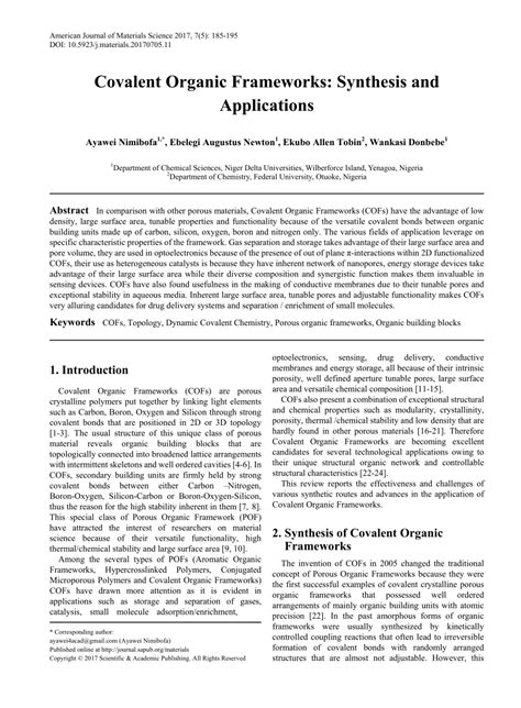 PDF Covalent Organic Frameworks Synthesis And Applications