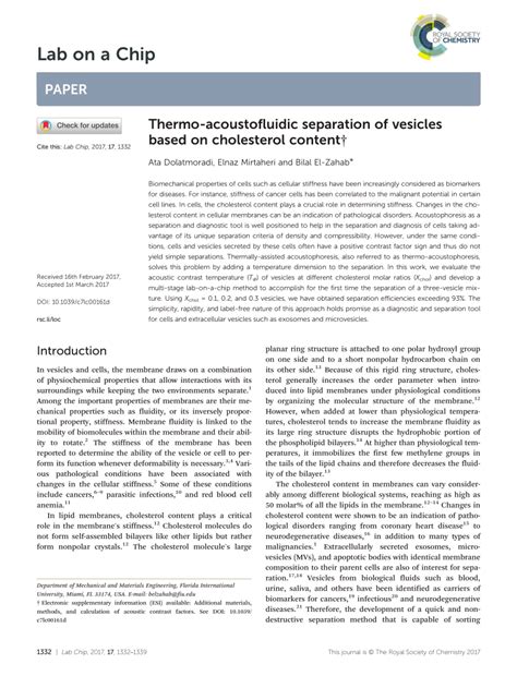 Pdf Thermo Acoustofluidic Separation Of Vesicles Based On Cholesterol