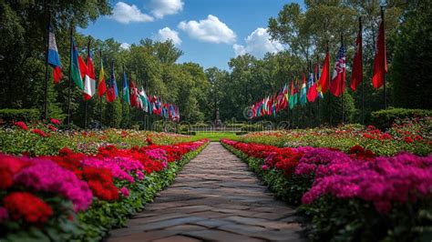 A Pathway Lined With Vibrant Flowers And International Flags In A Park