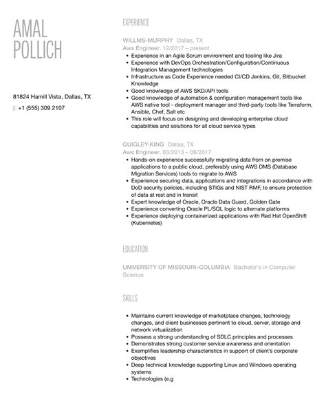 Aws Engineer Resume Samples Velvet Jobs