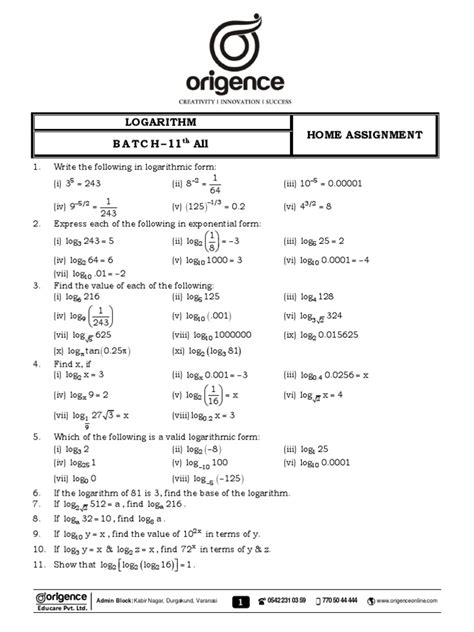 logarithm home assignment batch 11 all educare pvt ltd pdf