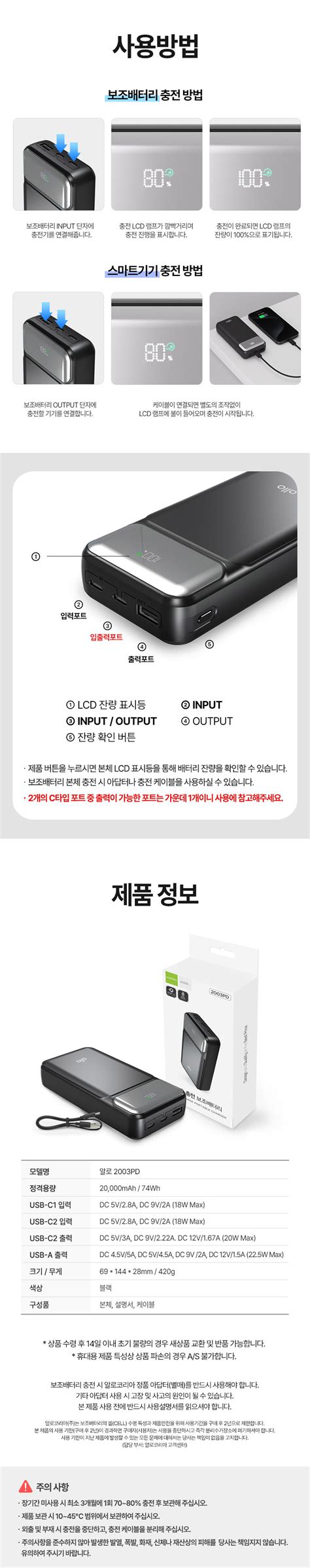 알로코리아 대용량 고속충전 C타입 보조배터리 20000mahallo Korea