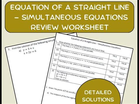 Equation Of A Straight Line Simultaneous Equations Review Worksheet With Solutions