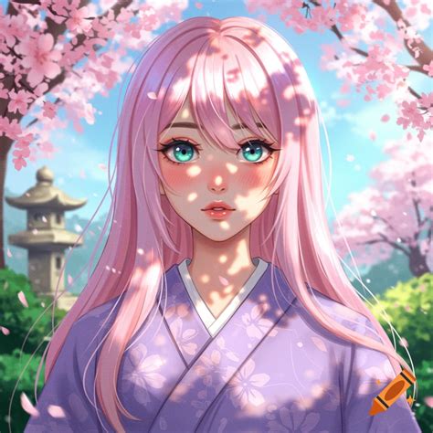 Anime Girl With Long Pink Hair And Blue Eyes In A Purple Kimono