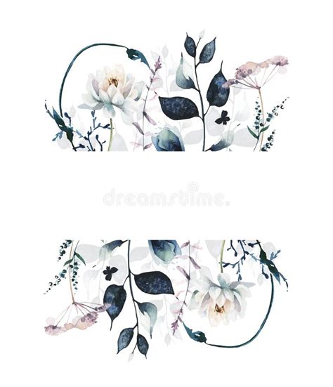 Watercolor Floral Rectangular Border Frame White Lotus Flowers Pink Branches Dark Blue And