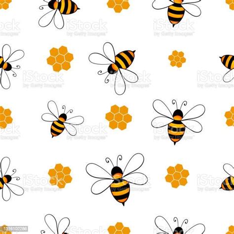 흰색 배경에 꿀벌과 벌집 원활한 패턴 작은 말살 벡터 그림입니다 사랑스러운 만화 캐릭터 초대 카드 직물 직물에 대한 템플릿