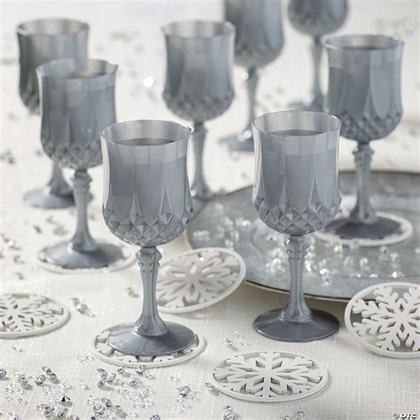 48 Pc Silver Patterned Plastic Wine Glasses With Wooden Snowflake Coasters For 12