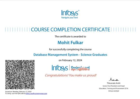 Mohit Fulkar On Linkedin Certification Databasemanagement Infosys